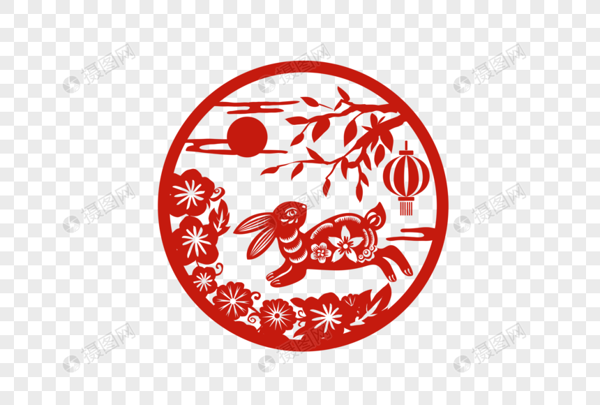 兔年新年创意红色兔子窗花剪纸元素素材下载-正版素材402403453-摄图网