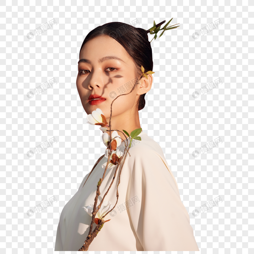 传统古风美女手拿梅花元素素材下载-正版素材402423994-摄图网