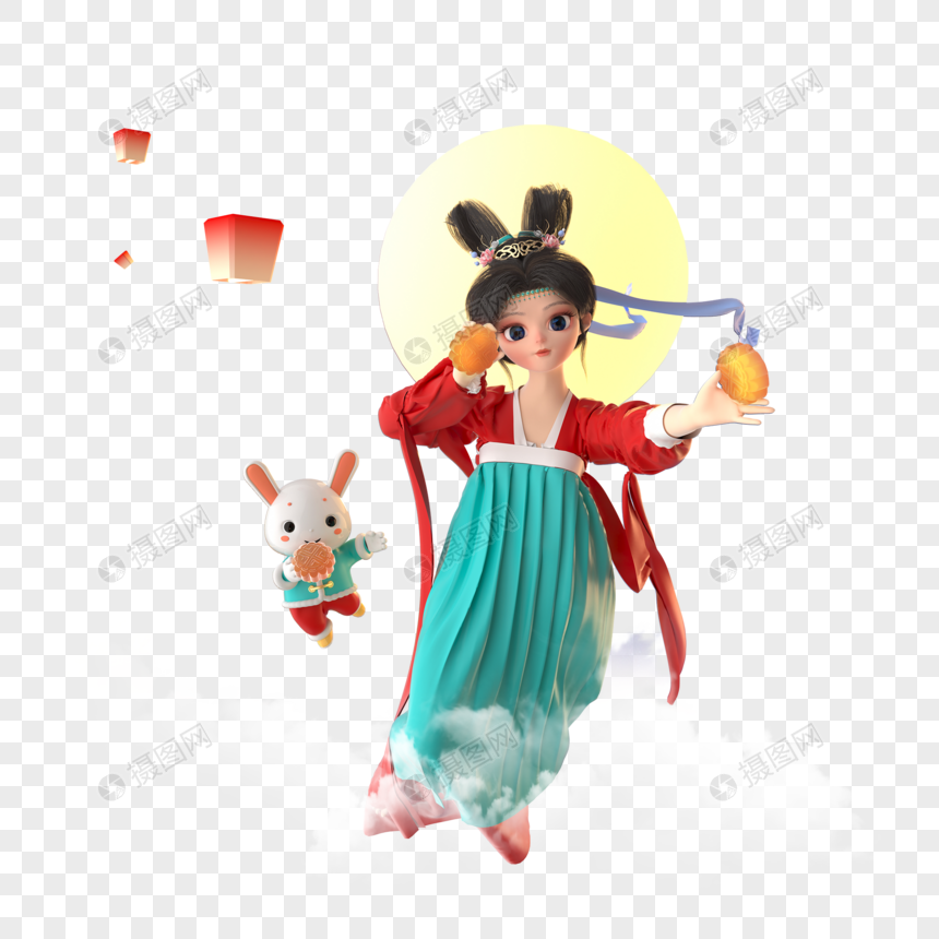 c4d立体中秋节卡通嫦娥月兔互动免抠元素元素素材下载-正版素材402520780-摄图网
