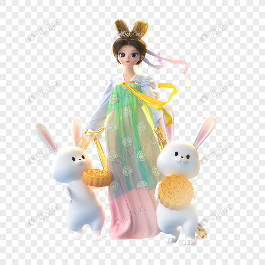 c4d立体中秋节卡通嫦娥月兔互动免抠元素元素素材下载-正版素材402520781-摄图网