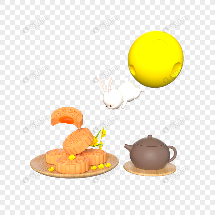 立体中秋节兔子月饼3d场景元素素材下载-正版素材402522008-摄图网