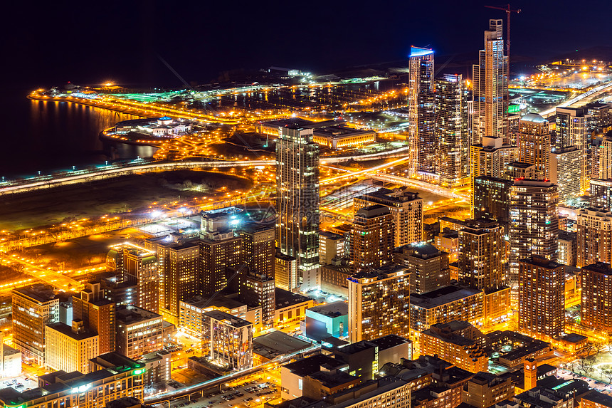 日落鸟瞰芝加哥天际线建筑密歇根湖芝加哥市中心芝加哥伊利诺伊州美国高清图片下载-正版图片300885723-摄图网