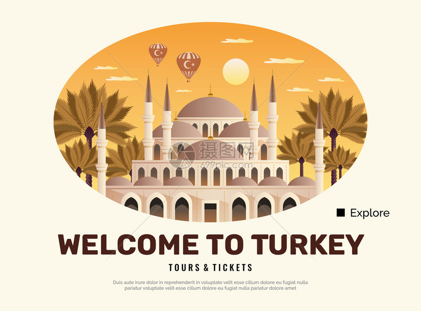 土耳其旅游海报与旅游门票符号平矢量插图插画图片下载-正版图片300891221-摄图网