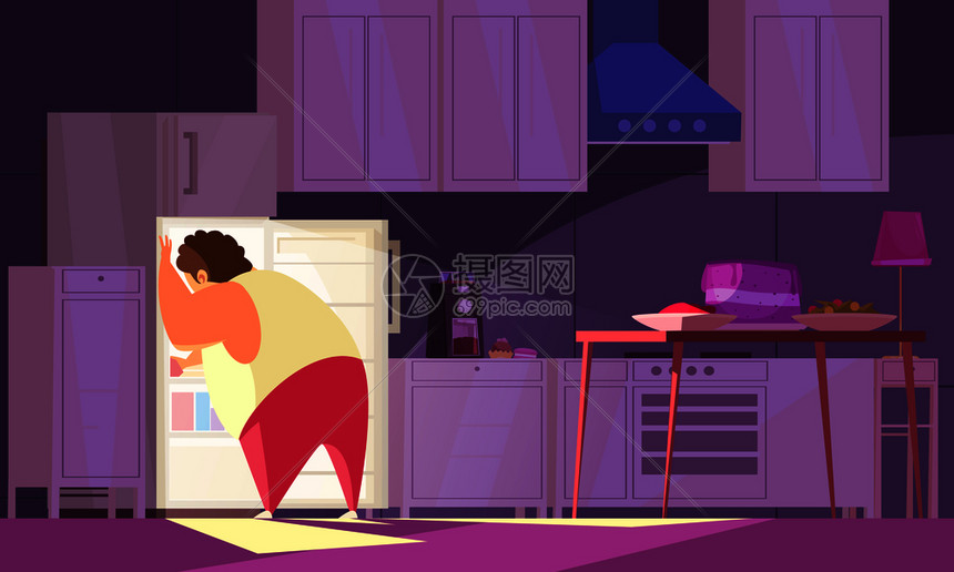 暴饮暴食的夜晚背景与强迫饮食符号平矢量插图插画图片下载-正版图片300896557-摄图网