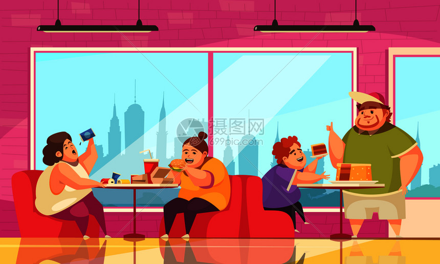 暴食咖啡馆背景与人们暴饮暴食符号平矢量插图插画图片下载-正版图片300896558-摄图网