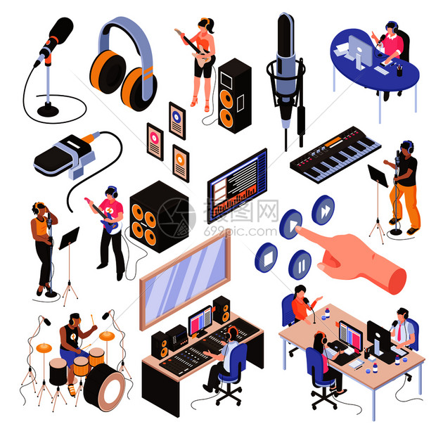 音频工作室等距与扬声器广播室博客工作场所音乐家录制歌曲孤立矢量插图插画图片下载-正版图片300896850-摄图网