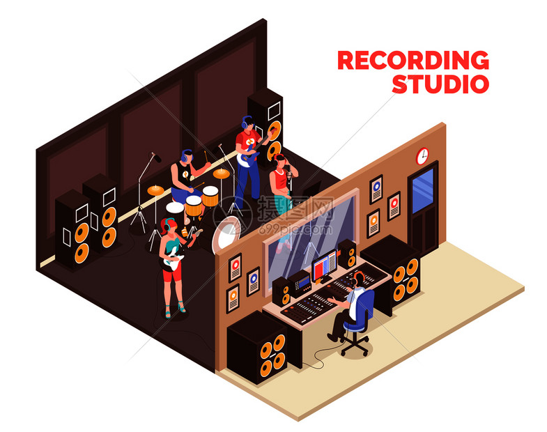 乐队演奏乐器唱歌录音室三维等距矢量插图插画图片下载-正版图片300898283-摄图网