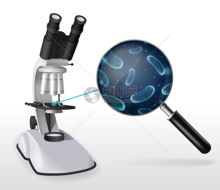 用微生物实验室设备双目璃矢量插图的手放大镜镜头的真实显微镜成插画图片下载-正版图片300899758-摄图网