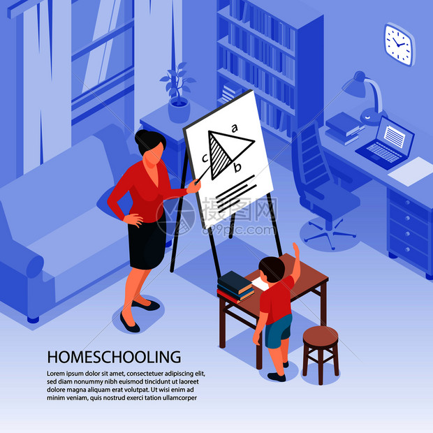 等距家庭家庭教育背景与室内家庭内部母亲与孩子课程与文本矢量插图插画图片下载-正版图片300900215-摄图网