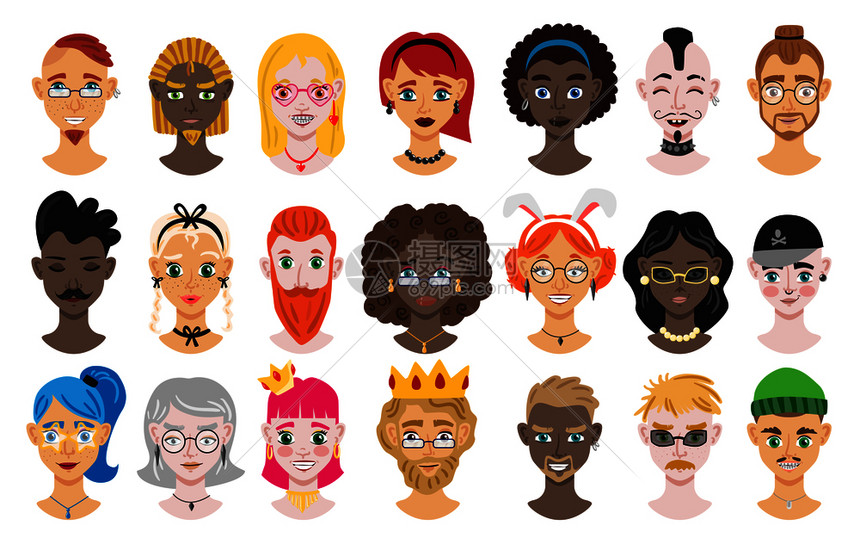 男女卡通肖像集,同种族龄,皮肤头发颜色孤立矢量插图插画图片下载-正版图片300900649-摄图网