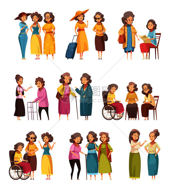 老年女子体复古卡通图标收集与拐杖步行者轮斋手推车矢量插图高级女卡通图标插画图片下载-正版图片300906673-摄图网