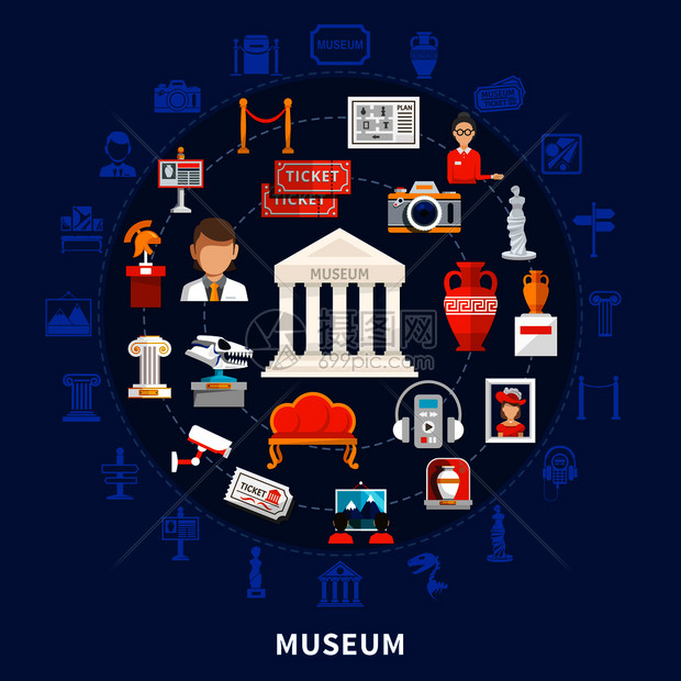 博物馆蓝色背景与彩色图标圆形,包括古生物学,考古,历史文物艺术品平矢量插图博物馆圆形理念插画图片下载-正版图片300908180-摄图网