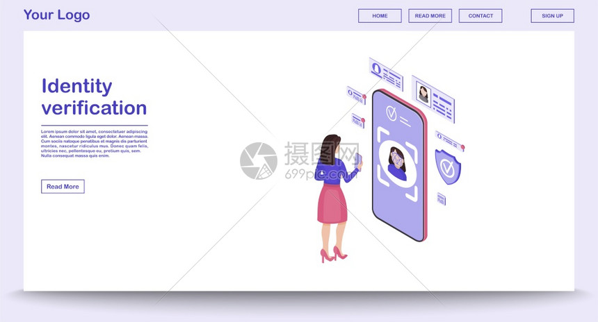 具有等量图解的身份核查网页矢量模板生物鉴别特征脸部识面网站界面设计页移动应用程序3d概念身份验证网页矢量模板及等图解插画图片下载-正版图片 ...