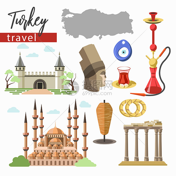 前往土耳其的旅行地标和烹饪孤立的文物矢量城堡和清真寺雕像古老的柱石烤菜和糕饼上的肉茶叶和钩瓜邪恶的眼睛保护吉祥物土耳其旅行目的地插画图片下载 ...