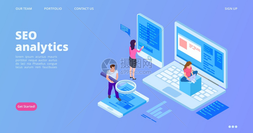 SEO分析着陆网页Isoric优化矢量概念分析员服务网页模板分析员服务网站界面分析员网站界面说明分析器SEO分析员登陆页面SEO插画图片下载 ...