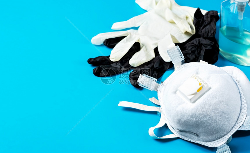 医疗的呼吸保护器和乳胶手套防肺凝个人防护设备提供止感染蔓延的保护近距离复制空间亮蓝背景等b防疫流行病卫生保健高清图片下载-正版图片 ...
