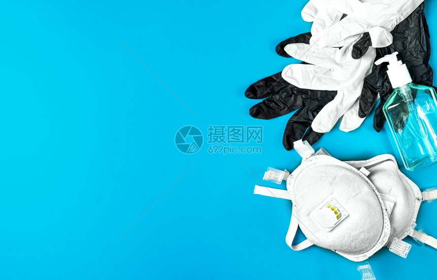 呼吸保护器和乳胶手套防肺凝个人防护设备提供止感染蔓延的保护顶视复制空间亮蓝色背景材料风复印空间光蓝背景材料制服防腐剂卫生保健高清图片下载-正版 ...