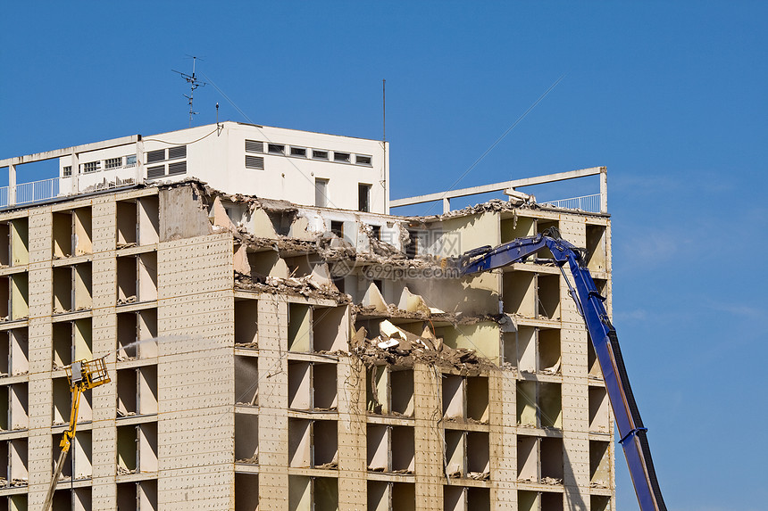 拆除建筑物公司灰尘混凝土设备建筑学水泥碎屑起重机蓝色工地高清图片下载-正版图片320775527-摄图网