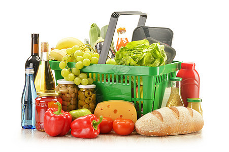 购物篮中杂货食品的组装成分烘烤面包杂货店水果白色厨房胡椒饮食果汁瓶子高清图片下载-正版图片320836444-摄图网