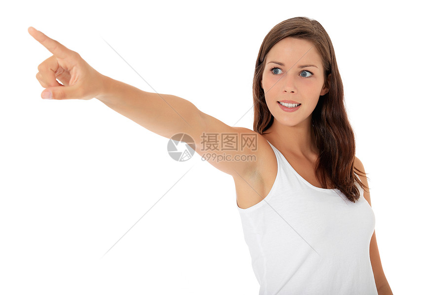 妇女指向侧面女孩微笑成人青年黑发手指青少年手势白色女性高清图片下载 正版图片321324759 摄图网