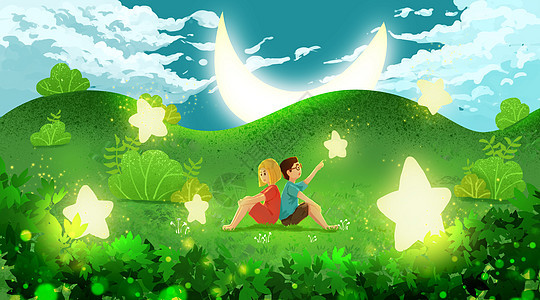 山坡上看星星的少年插画插画图片下载-正版图片400084671-摄图网