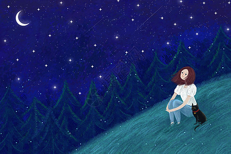 山坡上看星星的少年插画插画图片下载-正版图片400084671-摄图网