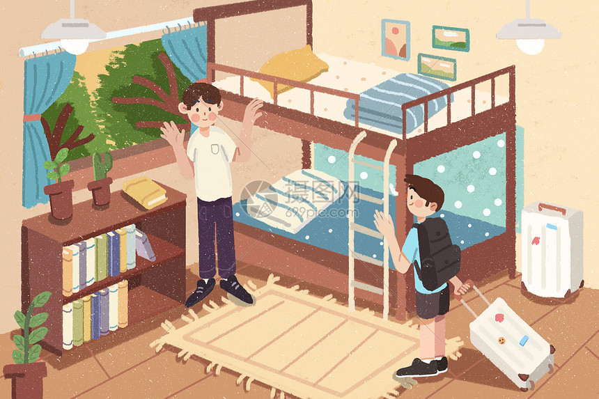开学季大学生到新宿舍遇见新舍友插画图片下载-正版图片401601679-摄图网