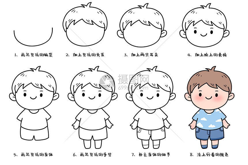 小男孩简笔画教程图插画图片下载-正版图片401709461-摄图网