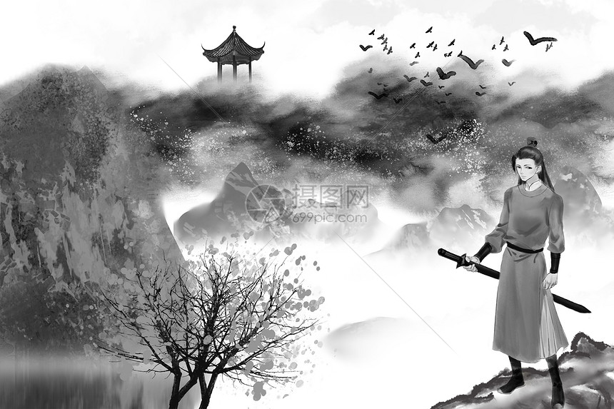 水墨古风剑客插画图片下载-正版图片401752934-摄图网