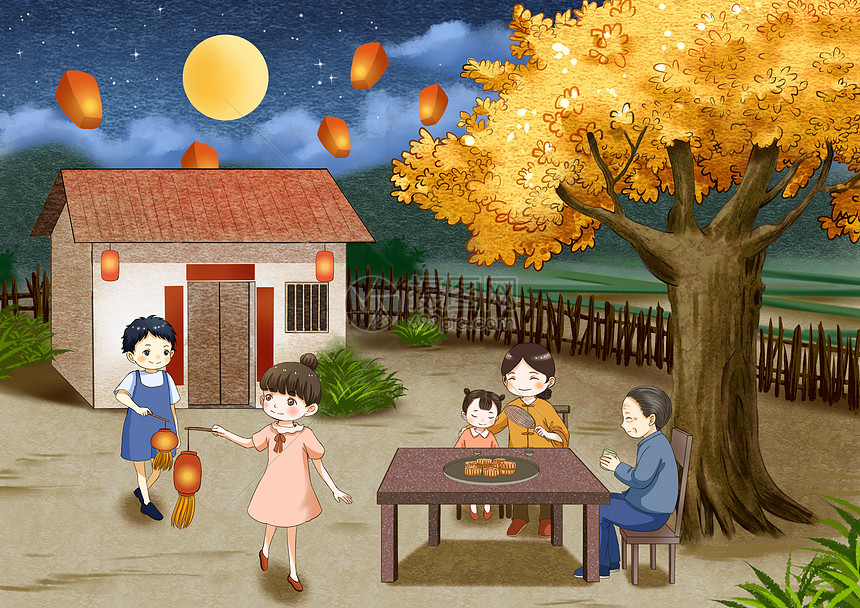 中秋节玩花灯插画图片下载-正版图片401803244-摄图网