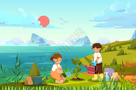 植树节郊外草地种树插画图片下载-正版图片402430875-摄图网