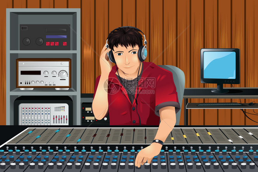 一个在录音室收听音乐制作插画图片下载-正版图片402207096-摄图网
