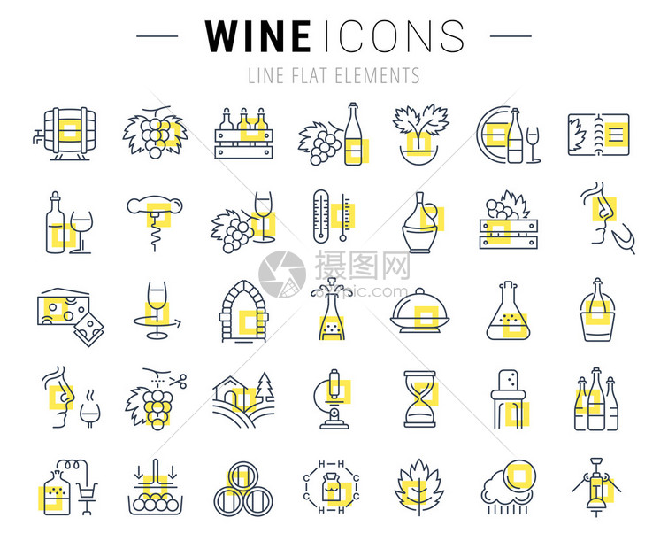 在平面设计酿酒葡萄种植品尝储存和销售葡萄酒中设置矢量线图标插画图片下载-正版图片402300037-摄图网