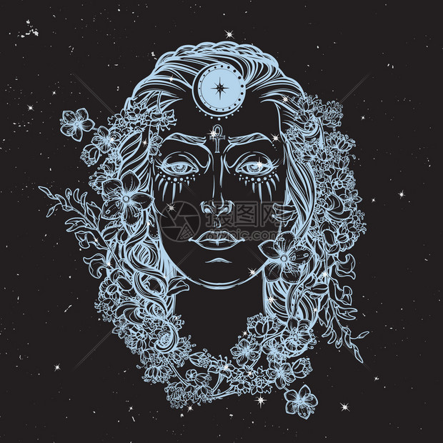 白女神世界上大多数异教中的普遍神在带有星的nigntsky背景上手绘艺术品宗教插画图片下载-正版图片402302200-摄图网