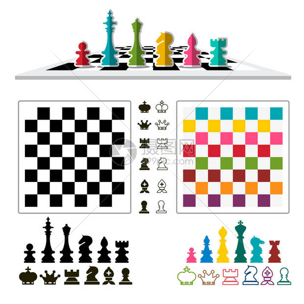 国际象棋游戏套装与棋子和棋盘插画图片下载-正版图片402342149-摄图网
