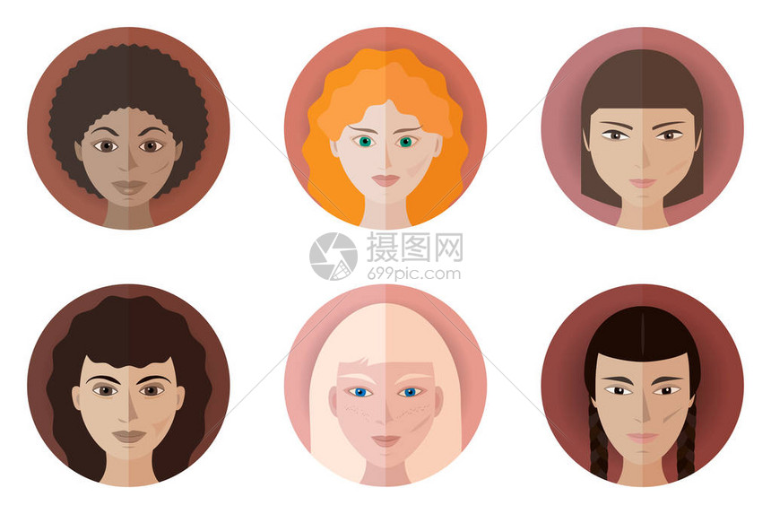 六个不同种族和民族的少女化身平面插画图片下载-正版图片402345193-摄图网