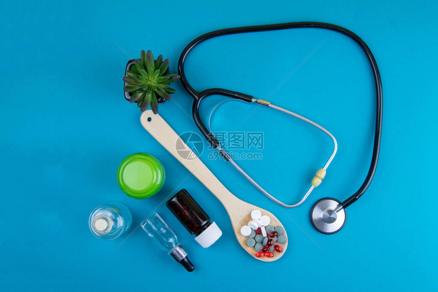 具有各种药物试剂听诊器注射器和罐子抽象背景的实验室表Aflat插画图片下载-正版图片402387671-摄图网