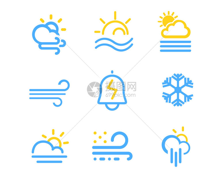 蓝黄色线性天气图标雾霾多云有雾多云有雨大风雷电预警海风大雪svg图标元素套图插画图片下载-正版图片402400643-摄图网