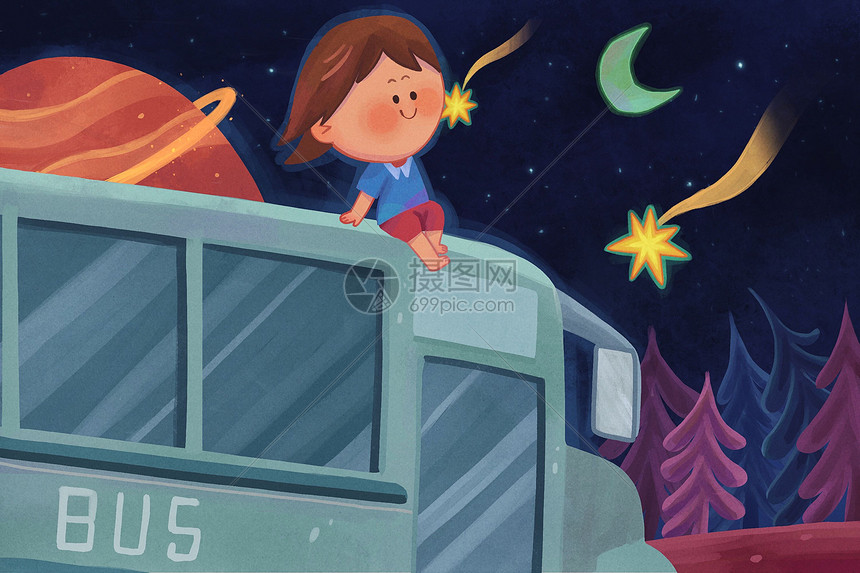 男孩夜晚看星星插画图片下载-正版图片402420869-摄图网
