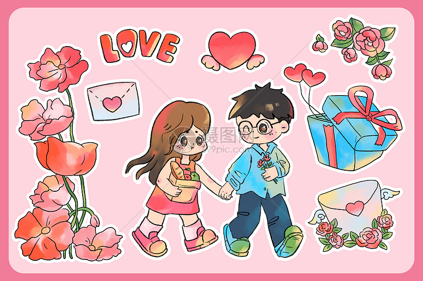 情人节LOVE浪漫治愈贴纸简笔画插画图片下载-正版图片402424682-摄图网