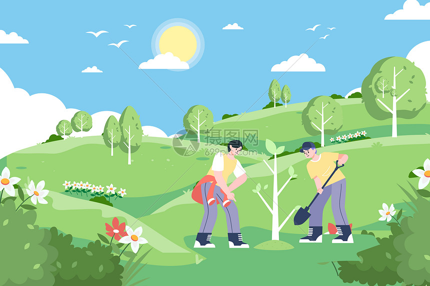 植树节郊外草地种树插画图片下载-正版图片402430875-摄图网