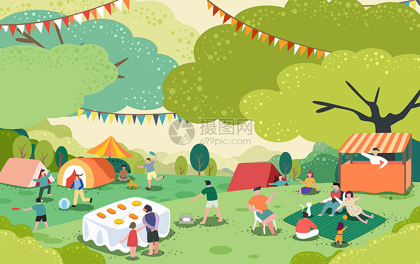 春游露营市集森林扁平风横版插画插画图片下载-正版图片402432094-摄图网
