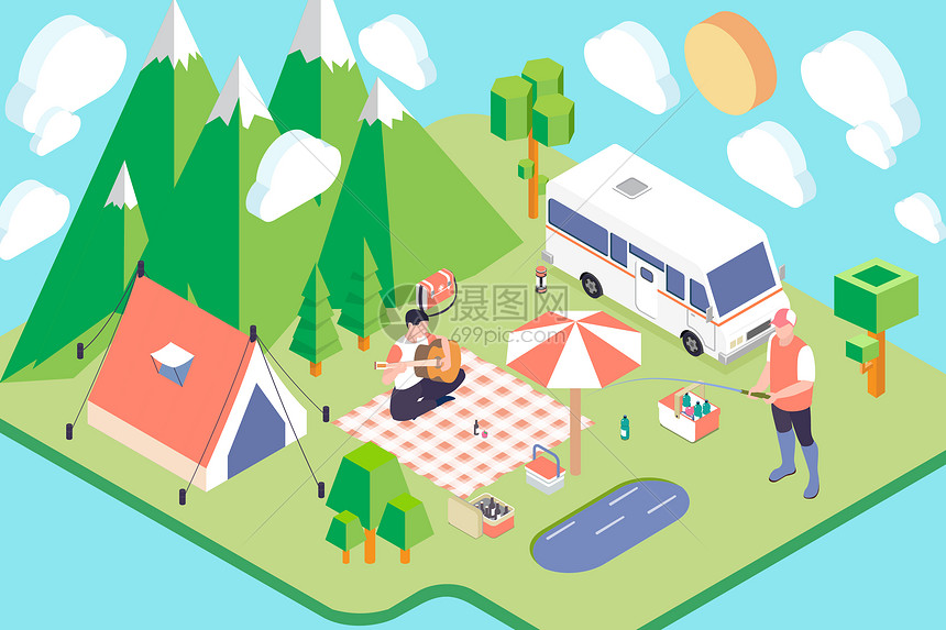 户外露营钓鱼2.5D插画插画图片下载-正版图片402449052-摄图网