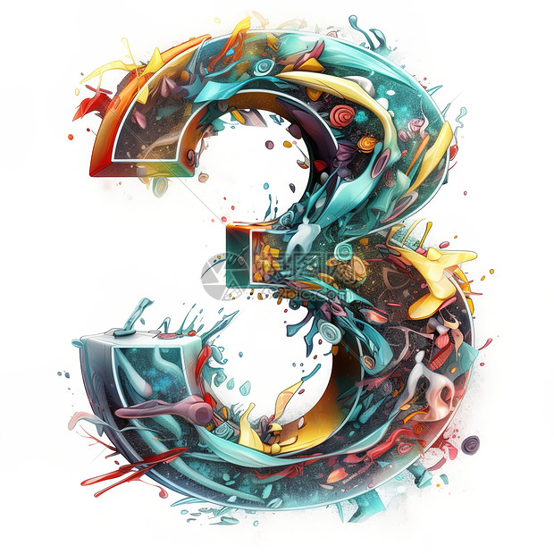 彩色立体泼墨数字3数字艺术插画图片下载-正版图片402451168-摄图网