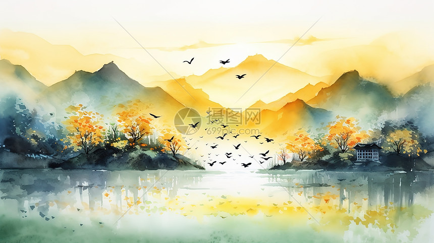 水彩水墨晕染中国秋天风景插画图片下载-正版图片402461023-摄图网