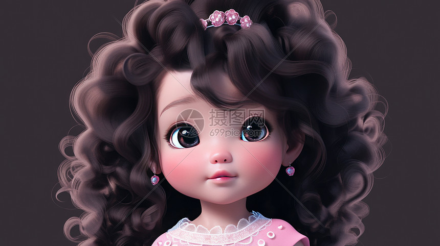 可爱的大眼睛小女孩长长的卷发头部特写插画图片下载-正版图片402468336-摄图网