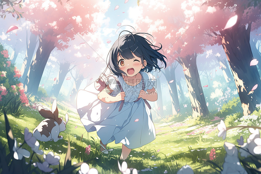 宫崎骏风格春日女孩开心的奔跑漫画插画图片下载-正版图片402468535-摄图网
