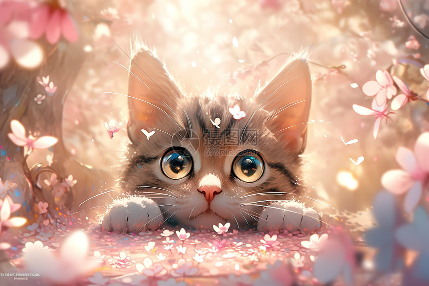 可爱的小猫在欣赏樱花插画图片下载-正版图片402470839-摄图网