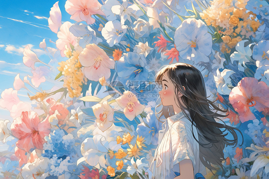 花季少女与花漫画插画图片下载-正版图片402494854-摄图网