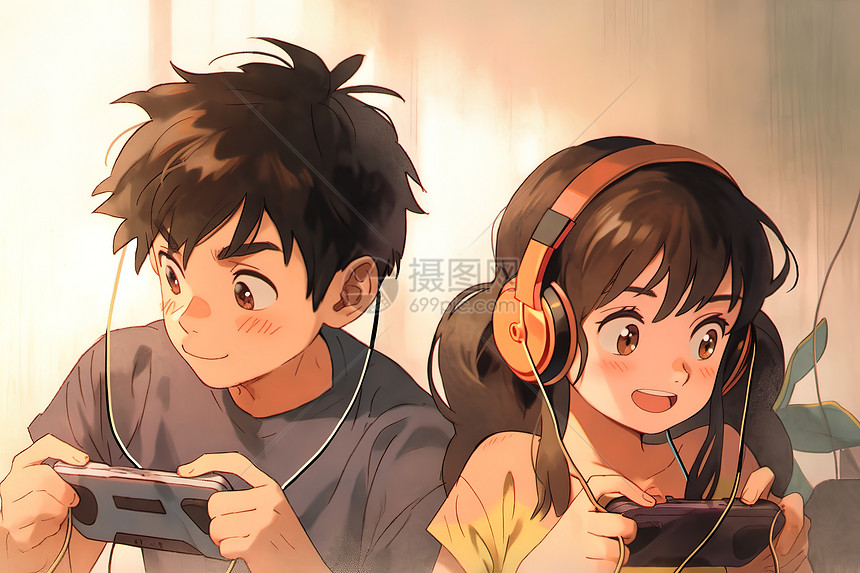 一起打游戏的情侣动漫插画图片下载-正版图片402495538-摄图网